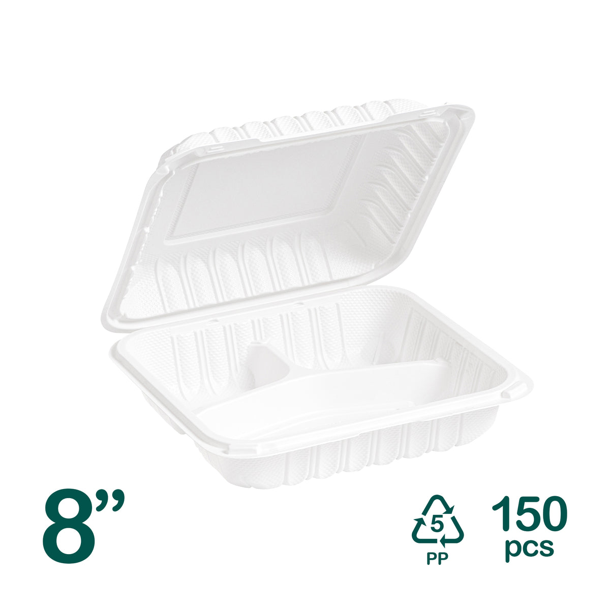 8 inch Plastic MFPP Hinged Clamshell Containers, 3 Compartment, 150 pc ...